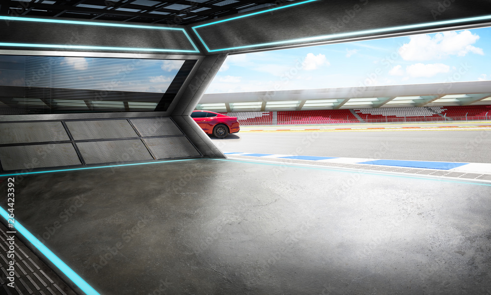 Sport red car parked on outside race car garage with international race ...