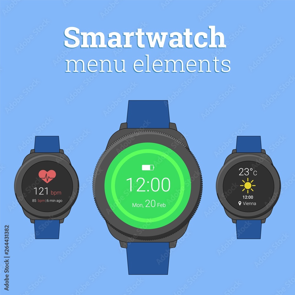 Vecteur Stock Smartwatch menu elements. Modern smartwatch in round ...