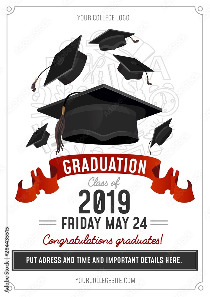 Graduation Class of 2019 greeting card or invitation design with flying ...