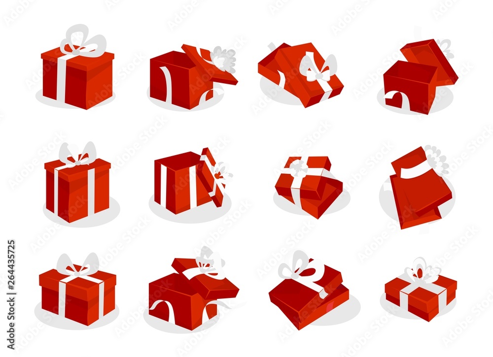Red gift boxes set with white ribbons. Open and closed red gift box ...