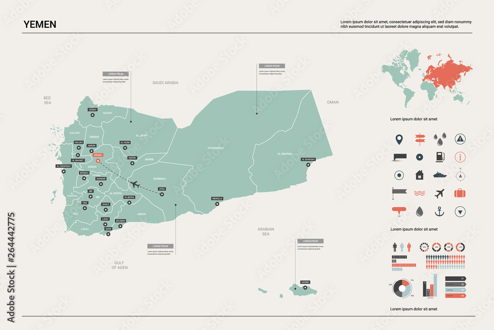 Vector map of Yemen. High detailed country map with division, cities ...