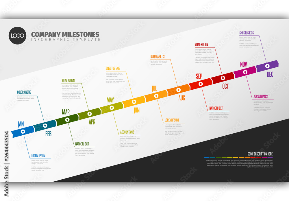 Full Year Diagonal Timeline Layout with Rainbow Accents Stock Template ...