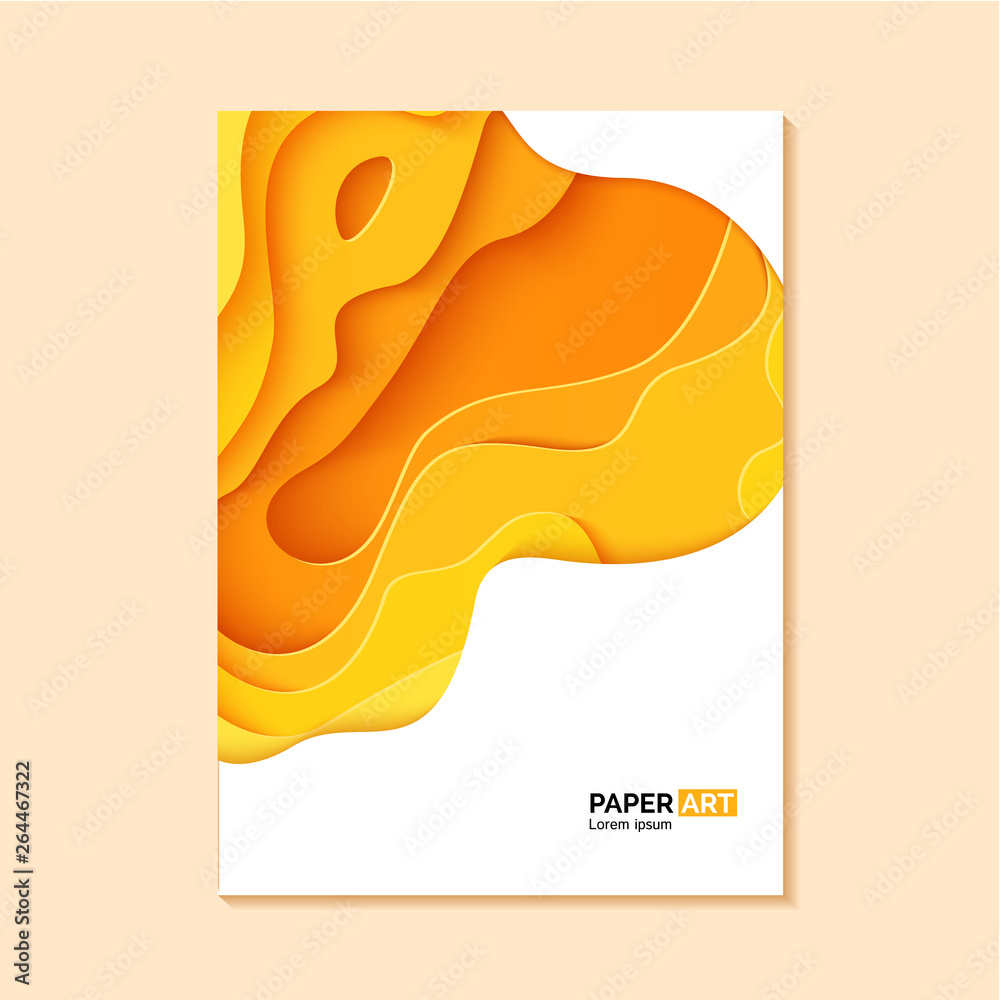 Abstract yellow flyer in cut paper style. Cutout orange wave template ...