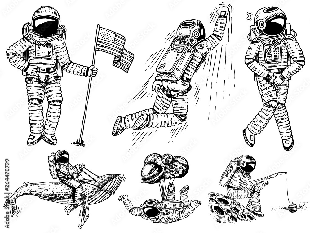 Set of Astronauts in space. Collection soaring spaceman with flag ...