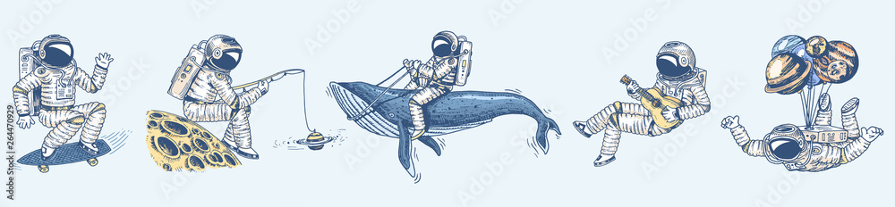 Collection soaring spaceman. Set of Astronauts in space. Dancer ...