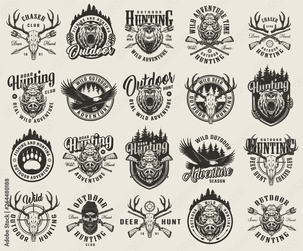 Vintage monochrome hunting emblems set Stock Vector | Adobe Stock
