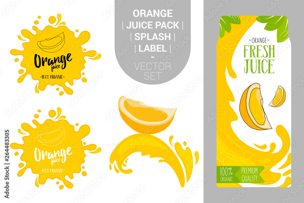 cartoon orange on juice splash. Fresh citrus juice pack with Organic ...