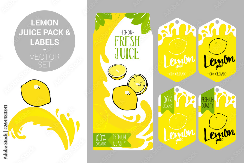 cartoon lemon on juice splash. lemon juice pack and organic fruit ...