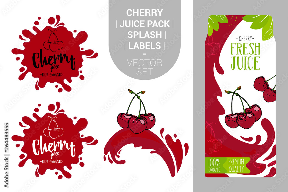 cartoon red cherries on juice splash. Fresh cherry juice pack with ...