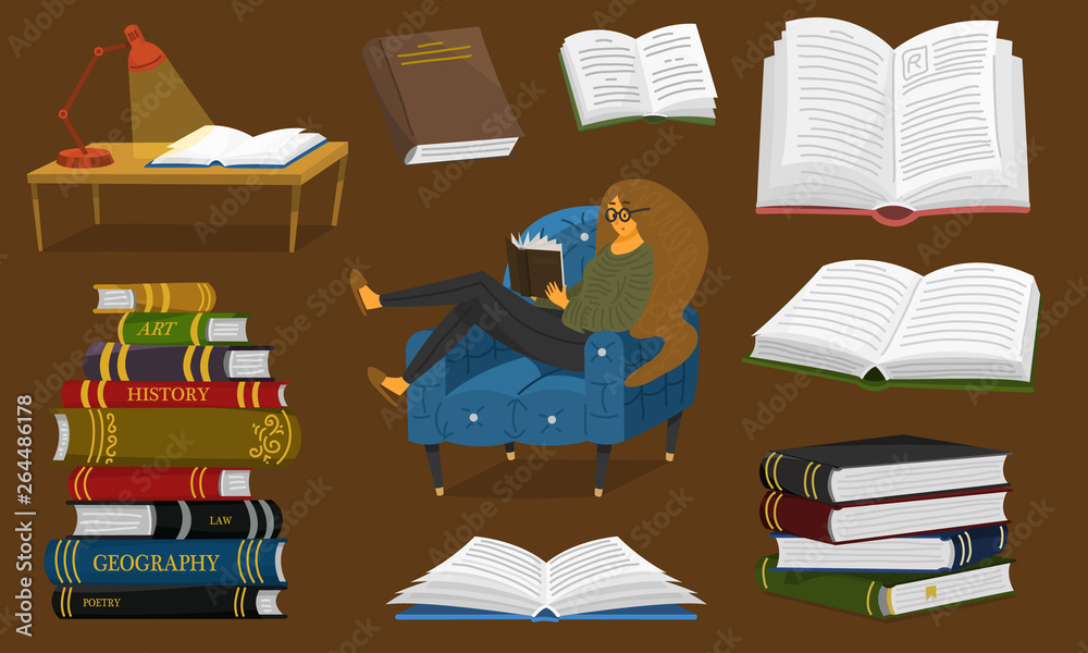 Stylish young female reading an open book. Lover of literature sits on ...