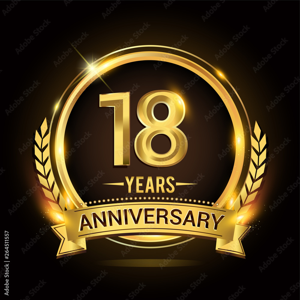 Celebrating 18th years anniversary logo with golden ring and ribbon ...
