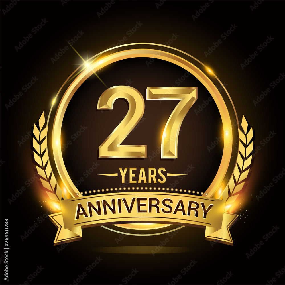 Celebrating 27th years anniversary logo with golden ring and ribbon ...