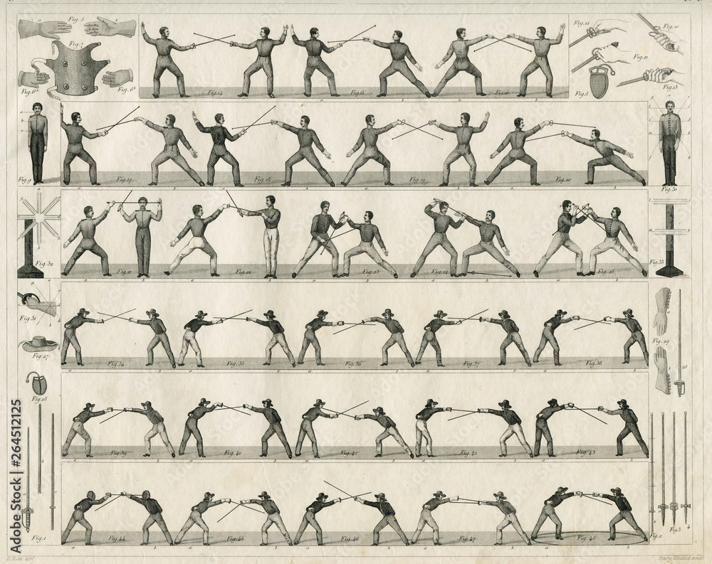 Fencing practice and techniques Rapier Saber Sword Engraving 1856 Stock Illustration | Adobe Stock