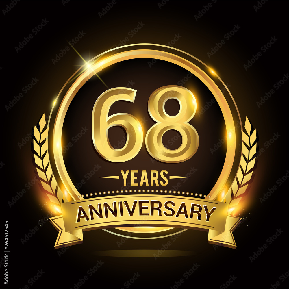 Celebrating 68th years anniversary logo with golden ring and ribbon ...
