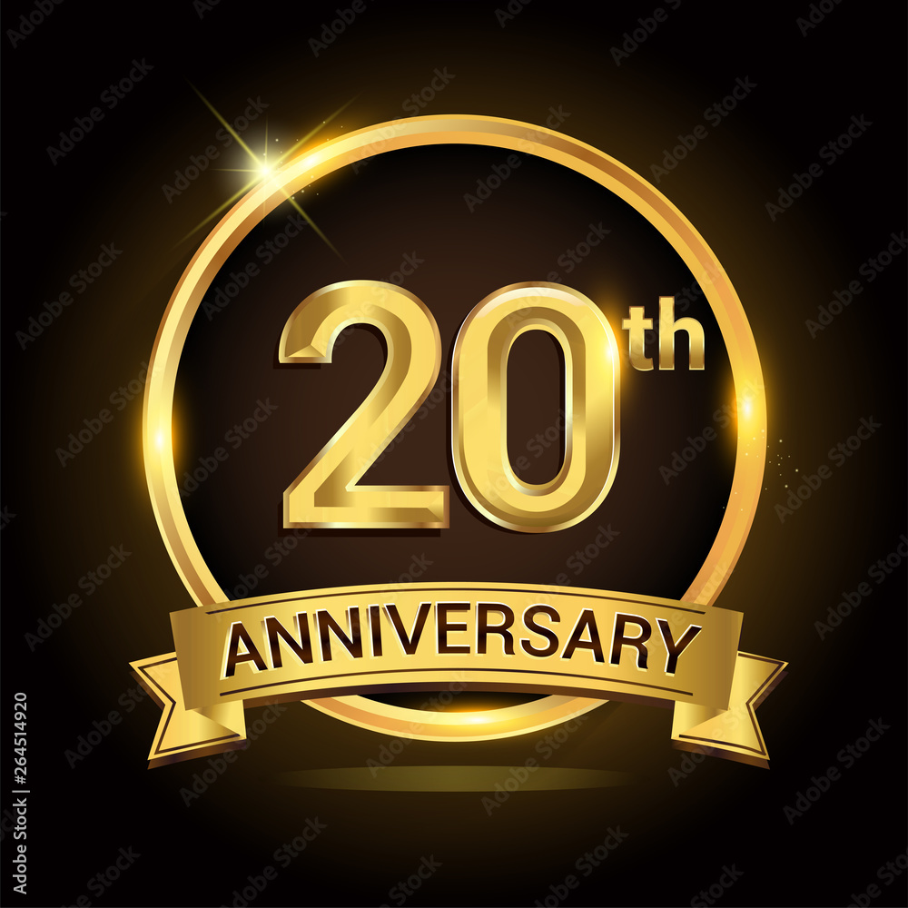 20th golden anniversary logo, with shiny ring and ribbon, laurel wreath ...