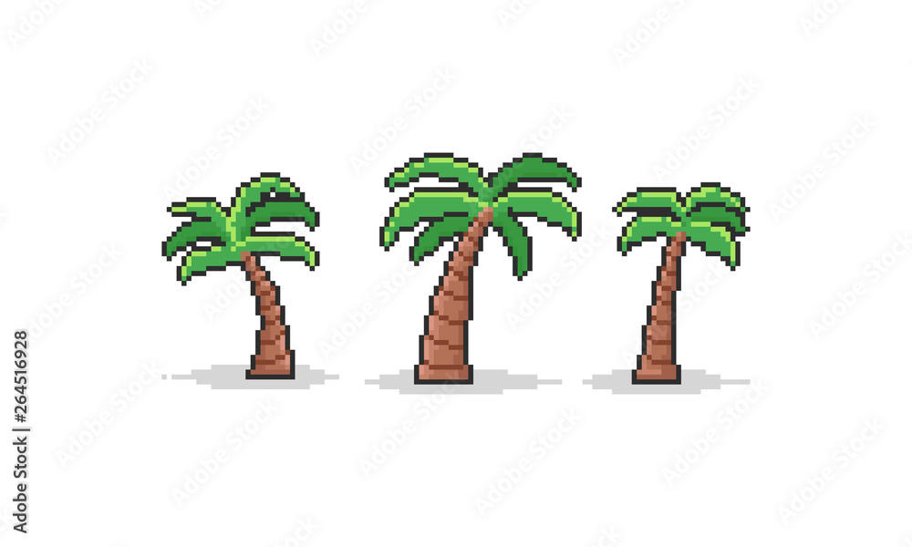 Pixel cartoon coconut tree set.8bit summer. Stock Vector | Adobe Stock