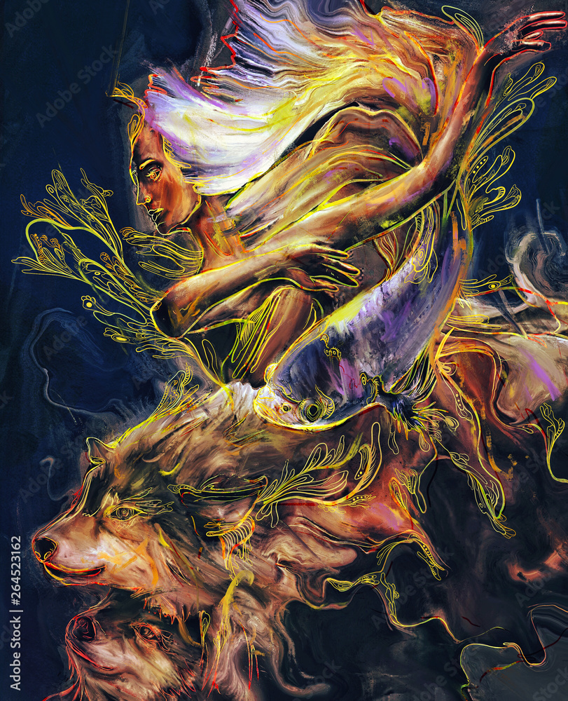 Nature's Dance with wolves and fish Stock Illustration | Adobe Stock