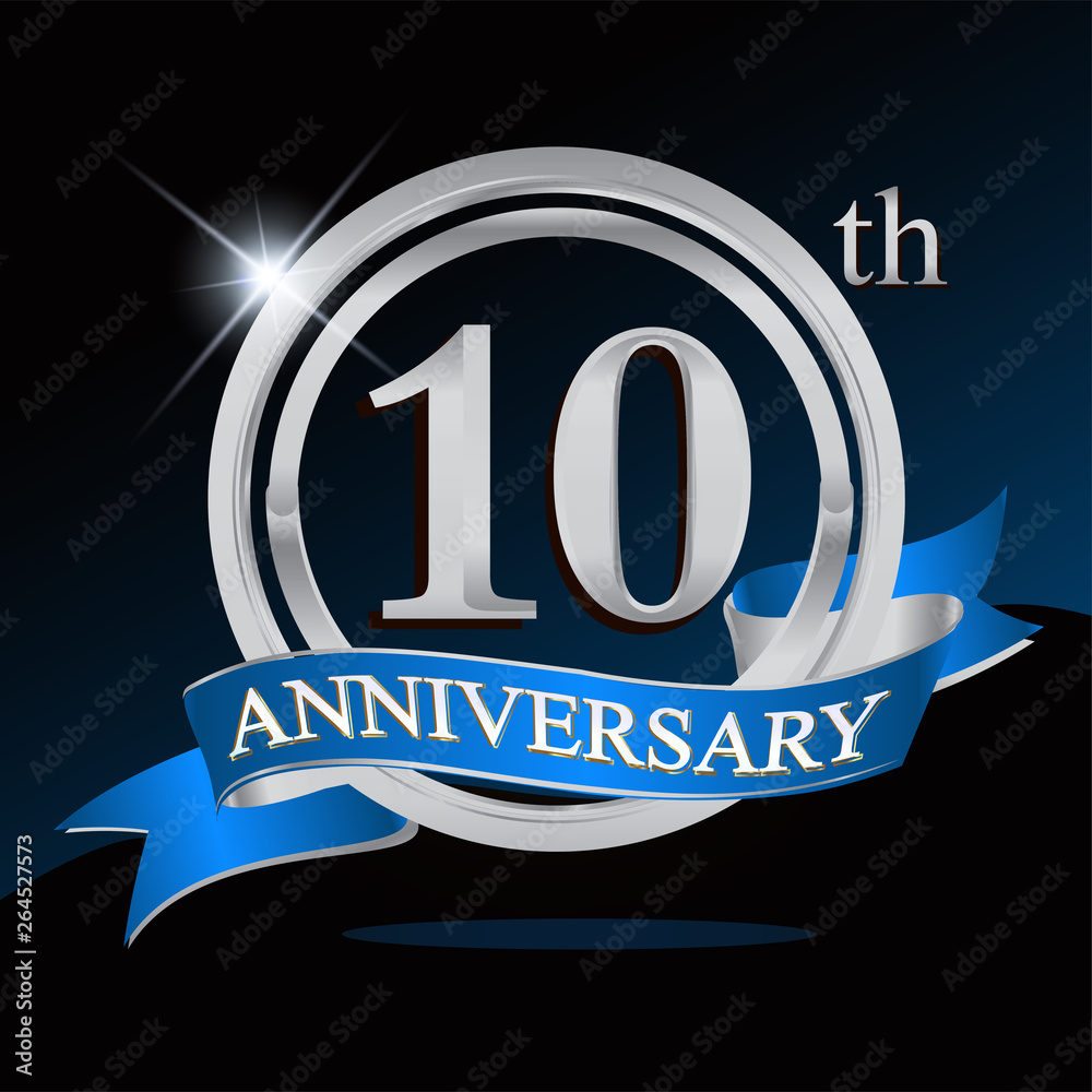 10th anniversary logo with blue ribbon and silver ring, vector template ...