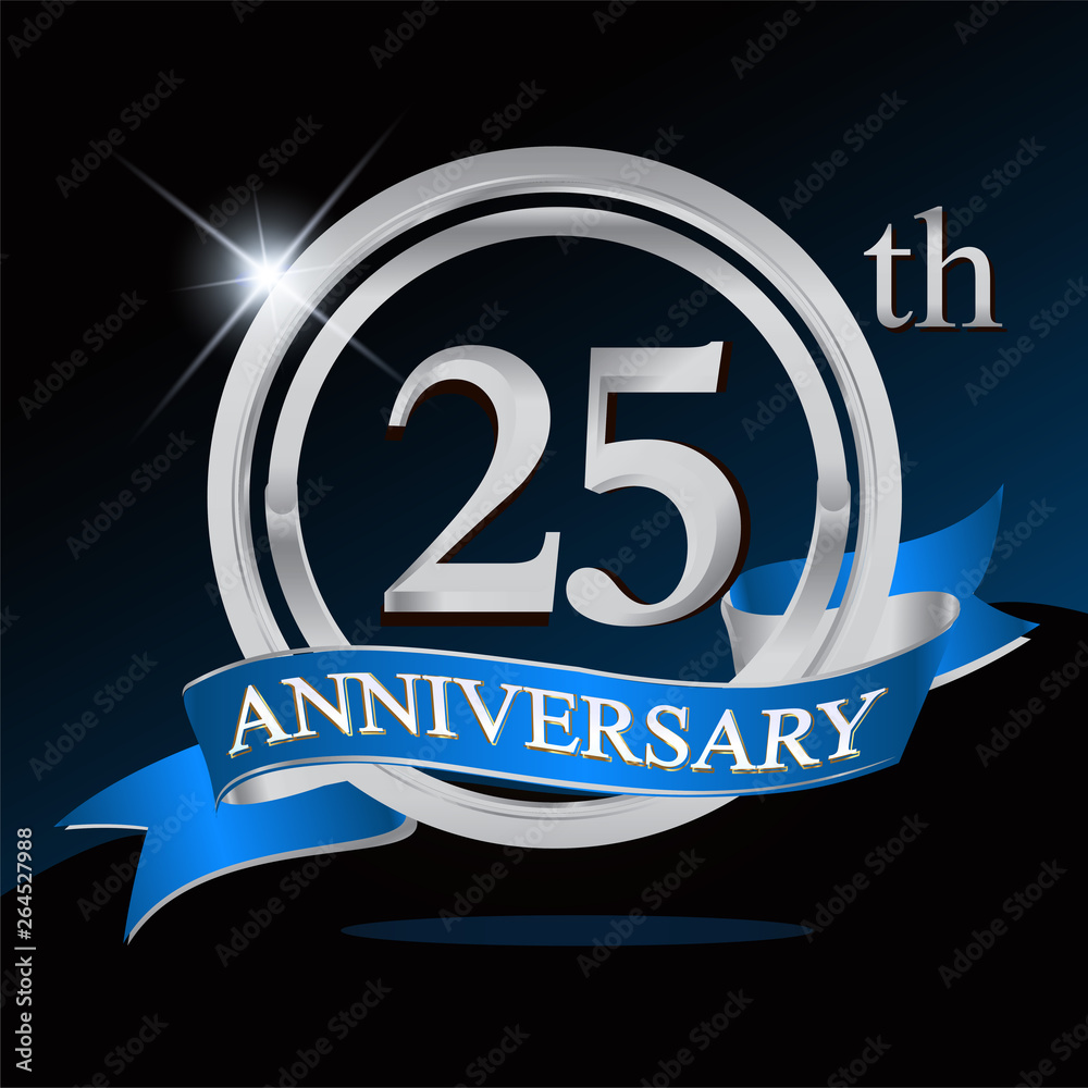 25th anniversary logo with blue ribbon and silver ring, vector template ...