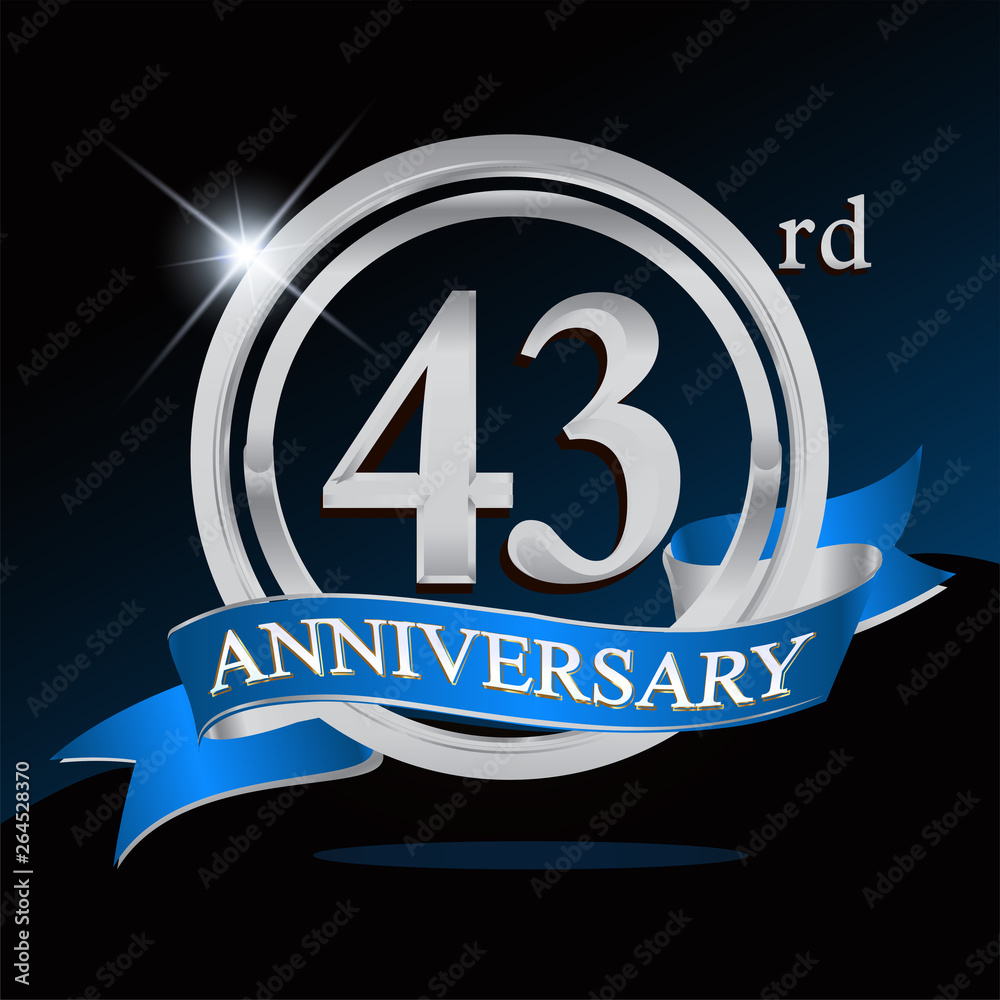 43rd anniversary logo with blue ribbon and silver ring, vector template ...
