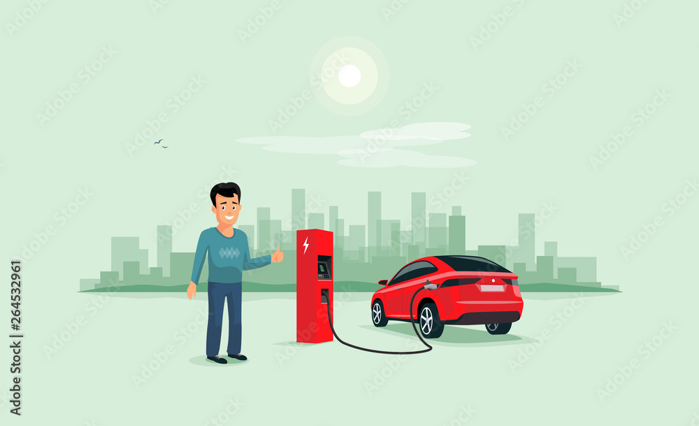 Cartoon vector illustration of red electric car suv charging at charger ...