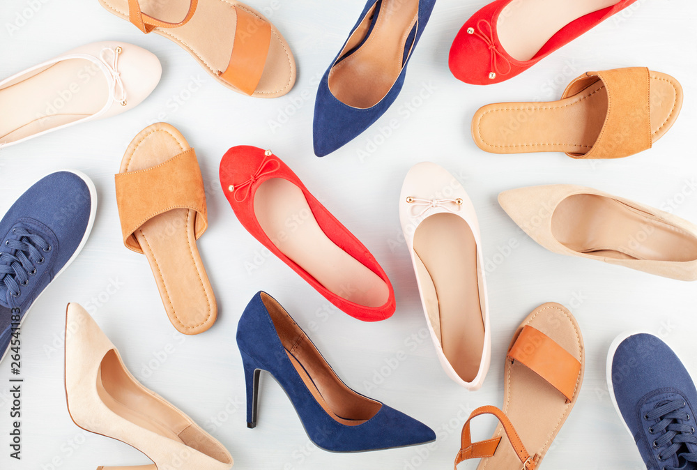 Girl's spring summer shoes collection. Mock up of different styles and ...