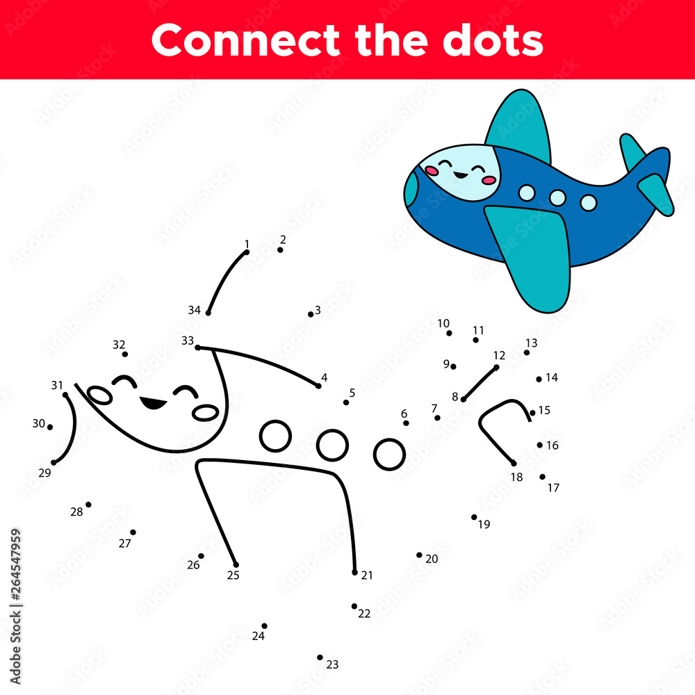 Vector cartoon kawaii plane. Education dot to dot game for kids. Stock ...