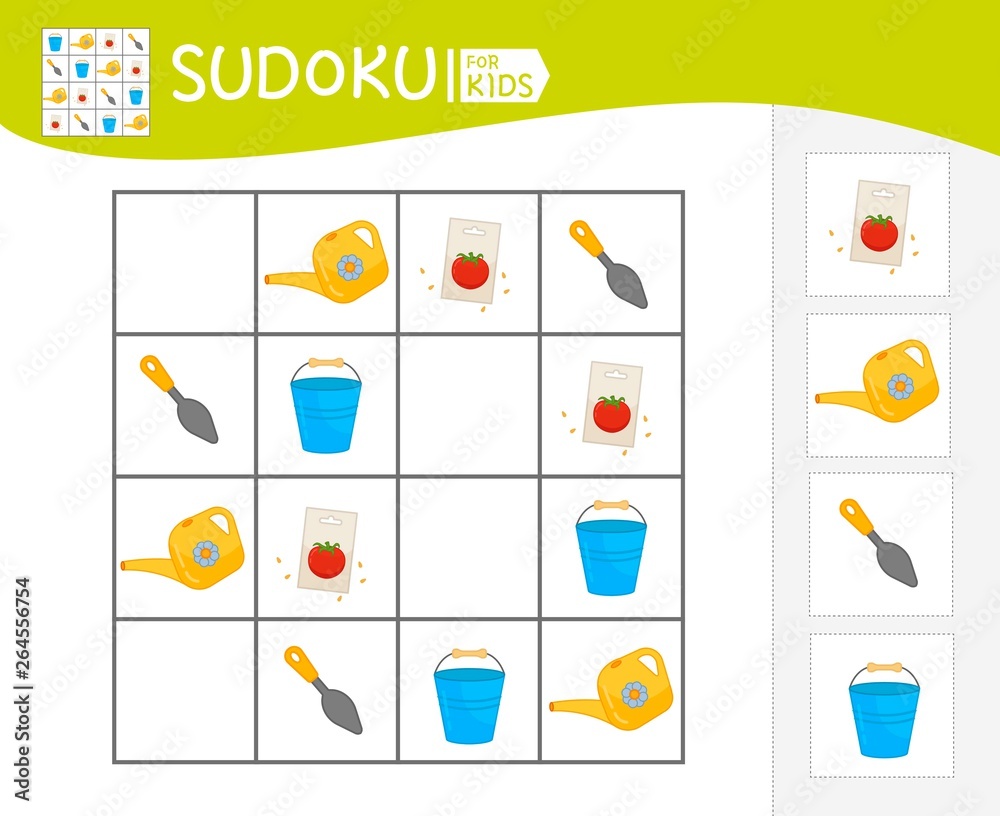 Sudoku game for children with pictures. Kids activity sheet. Cartoon ...