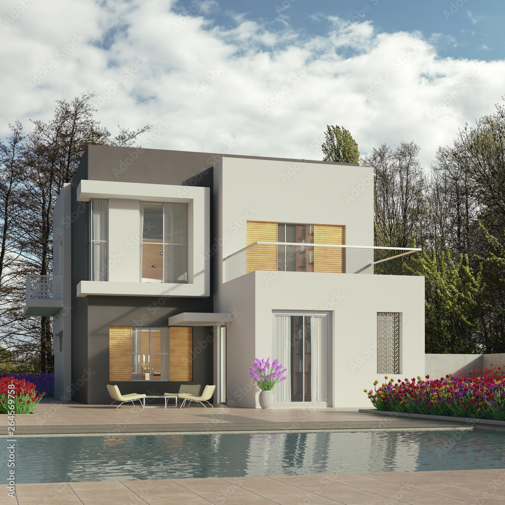 Modernes Haus und Eigenheim am Stadtrand im Park Stock Illustration ...