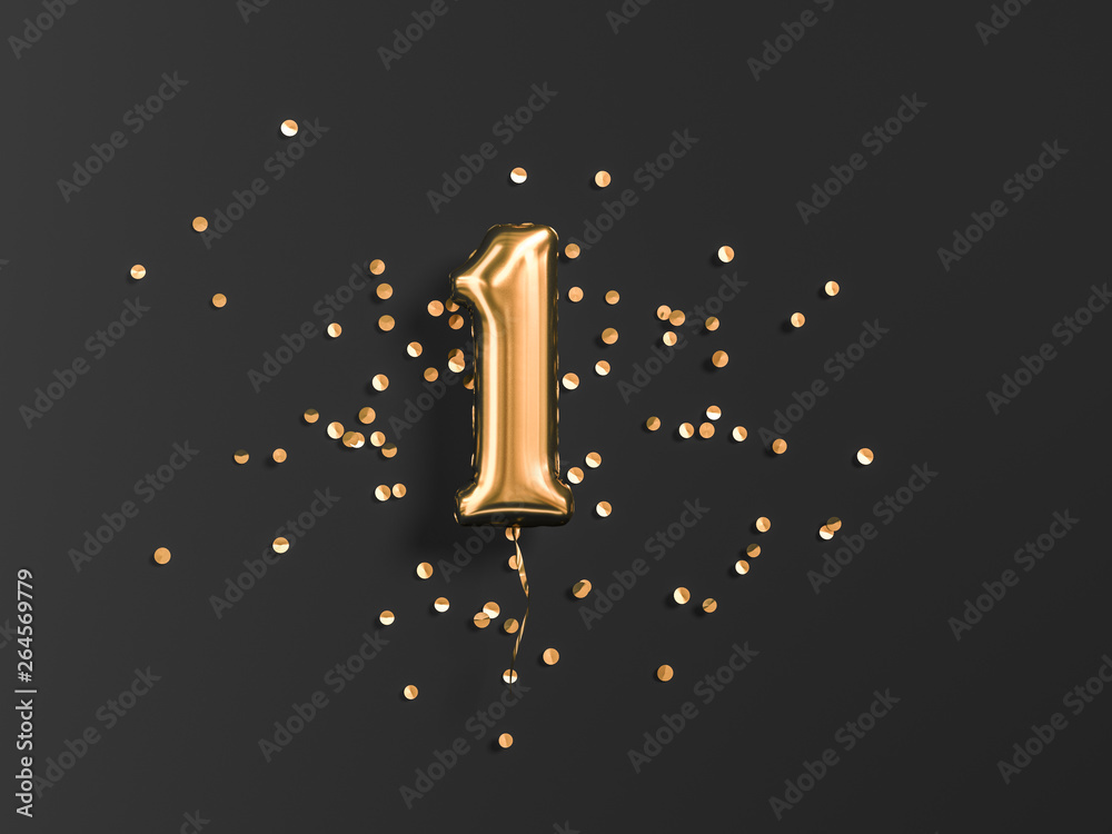 One year birthday. Number 1 flying foil balloon and gold confetti on ...