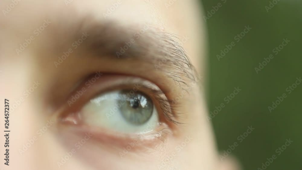 blinking male eye close up. pensive sad look up macro. Half face of a ...