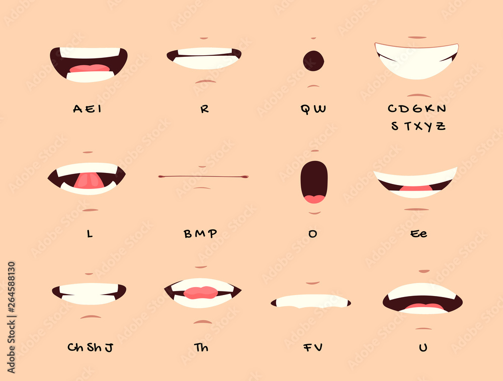 Cartoon talking mouth and lips expressions vector animations poses ...