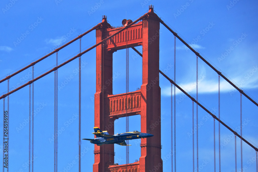 The Blue Angels F/A-18 Hornet and South Tower of Golden Gate Bridge ...