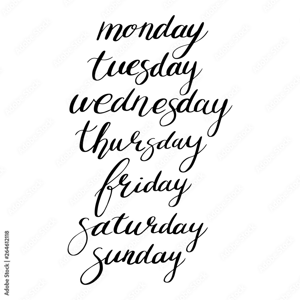 Handwritten days of the week isolated on white background. Hand ...