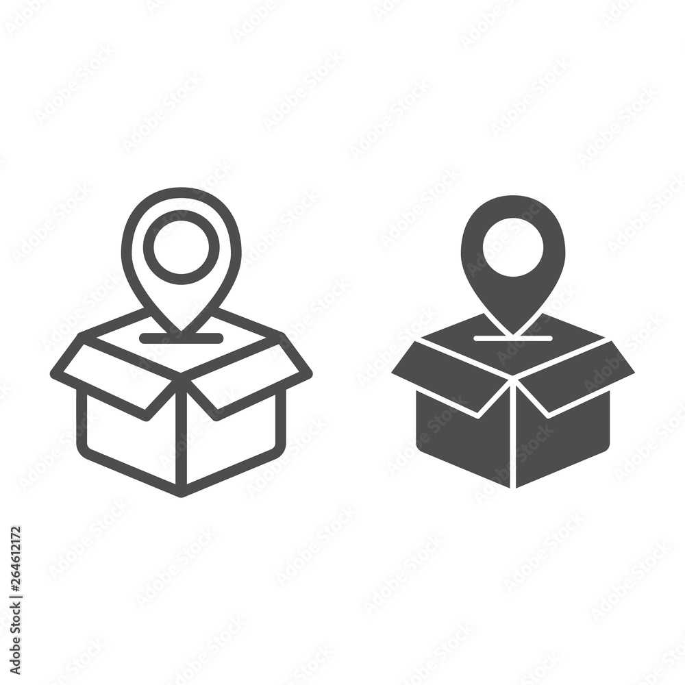 Parcel location line and glyph icon. Opened box with map pin vector ...