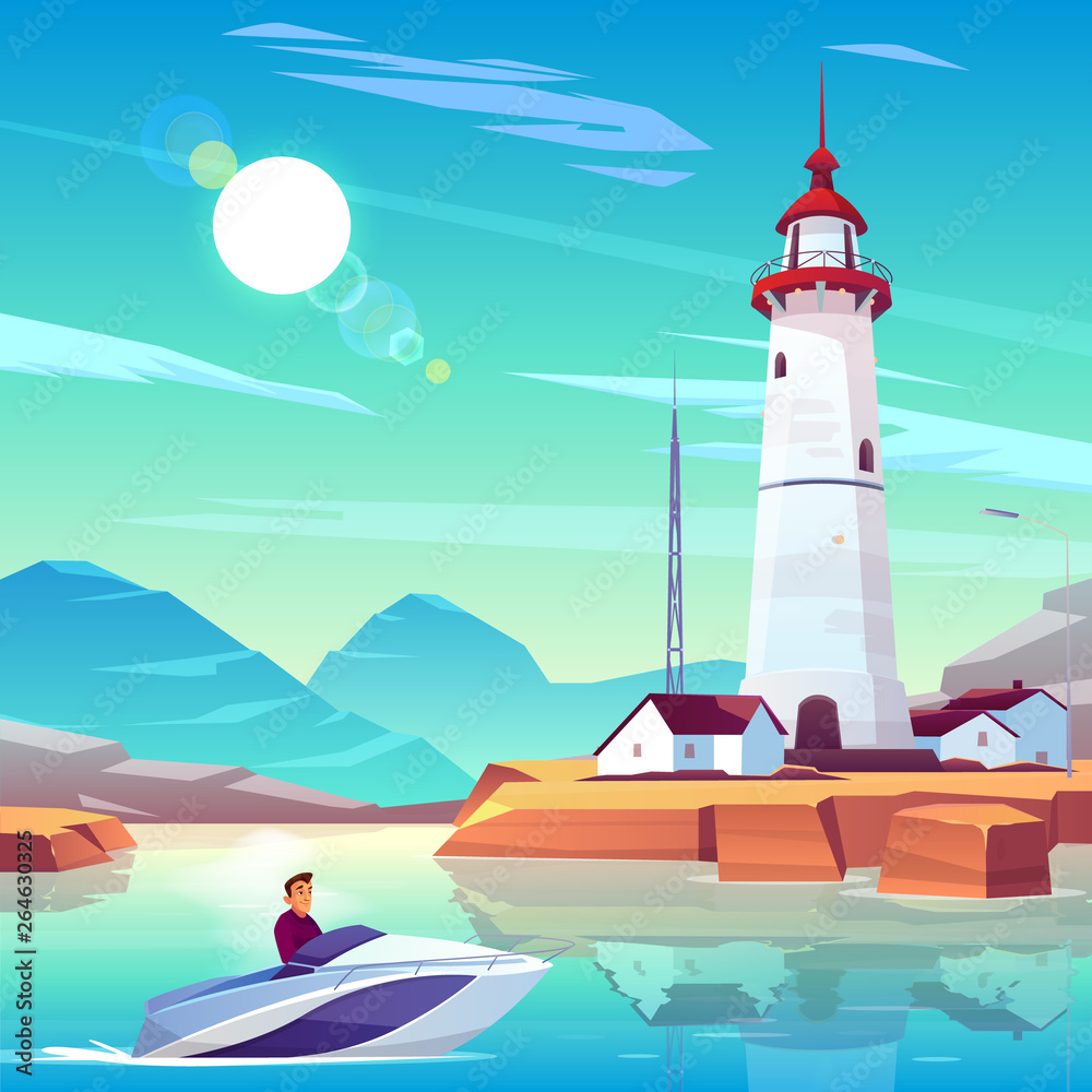 Lighthouse in harbor and powerboat with man passing by dwellings and ...