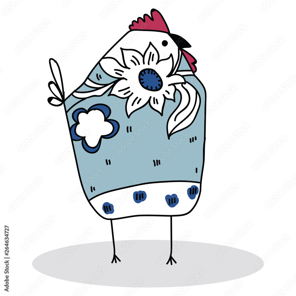 Cute stylised chicken cartoon vector illustration motif set. Hand drawn ...