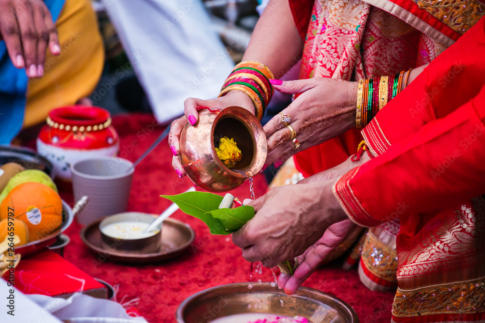 Indian hindu pre wedding ritual pooja items close up Stock Photo ...