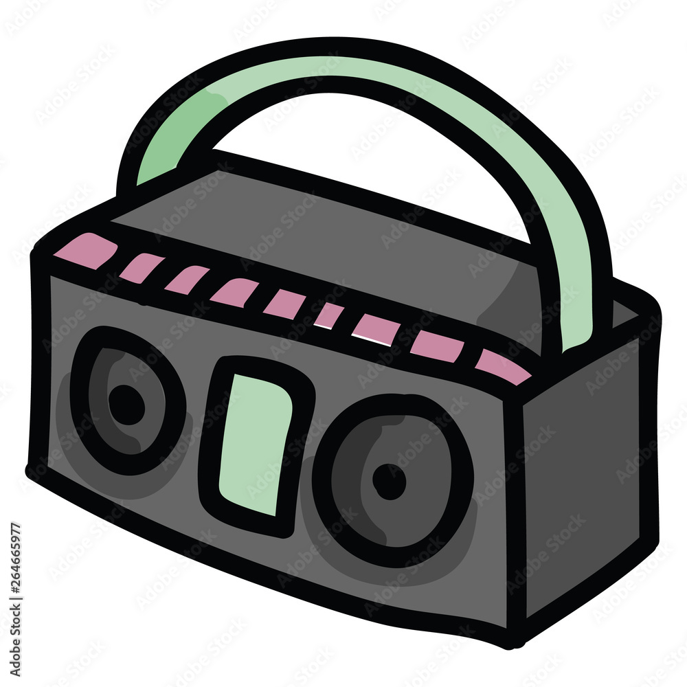 Cute boombox cartoon vector illustration motif set. Hand drawn isolated ...