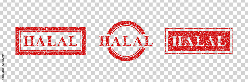 Vector set of realistic isolated red rubber stamp of Halal Food logo ...