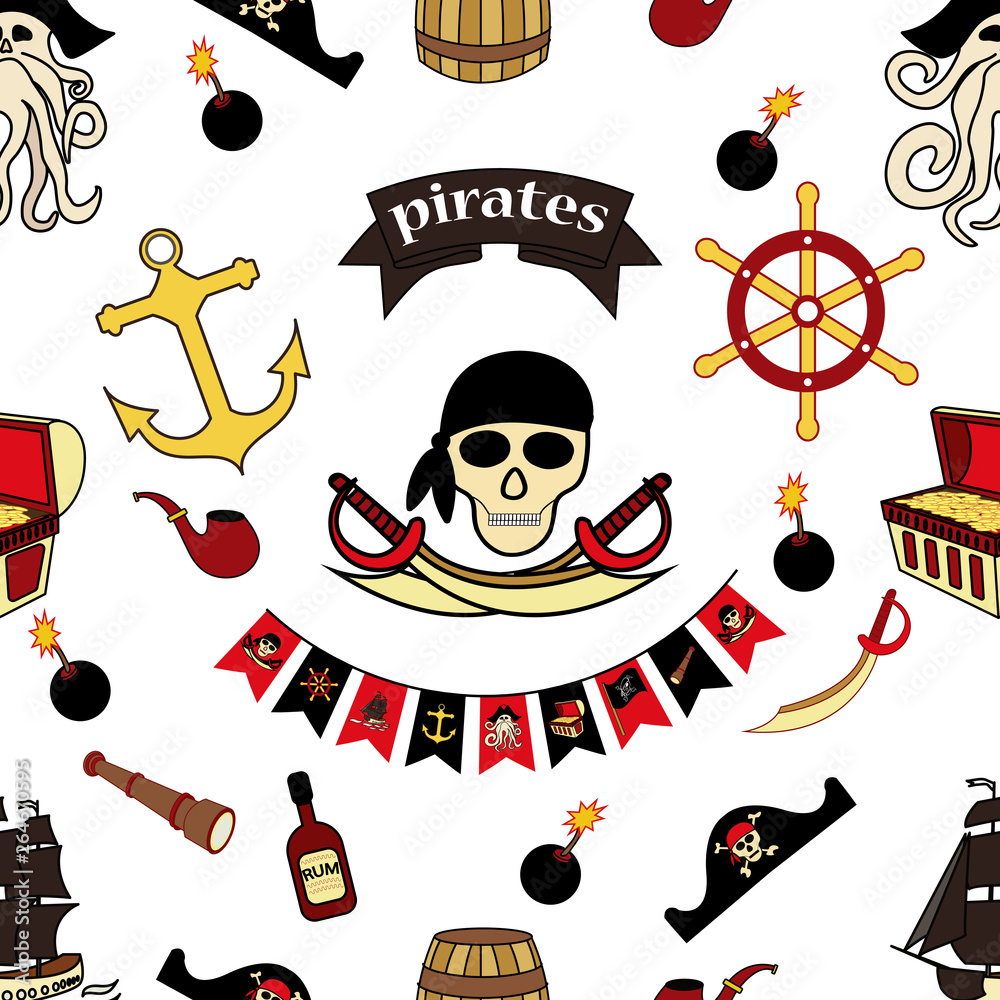 Simless pattern Pirates themed drawings by hand. Pirate symbols-swords ...