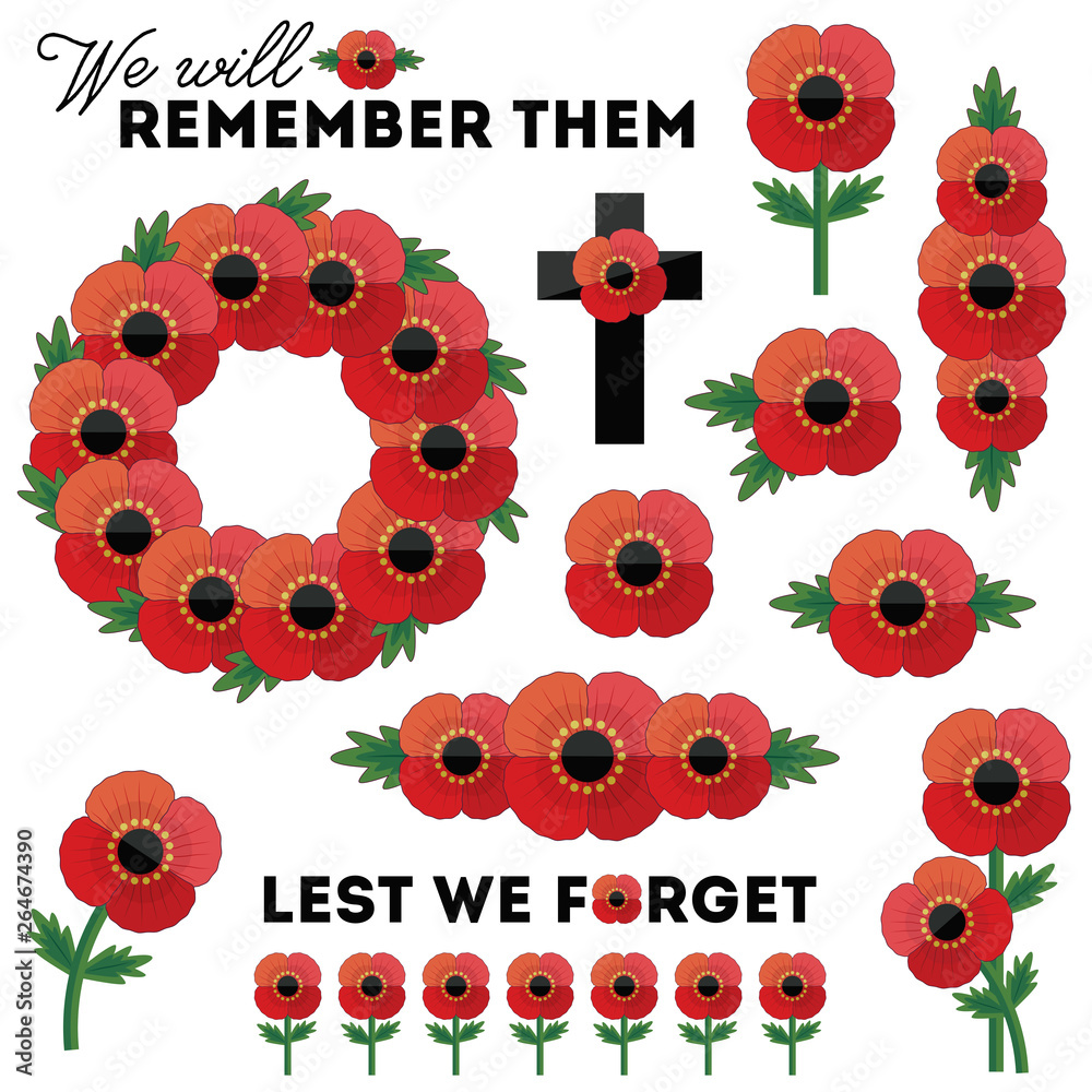Set of design elements isolated on white for Anzac Day and Remembrance ...