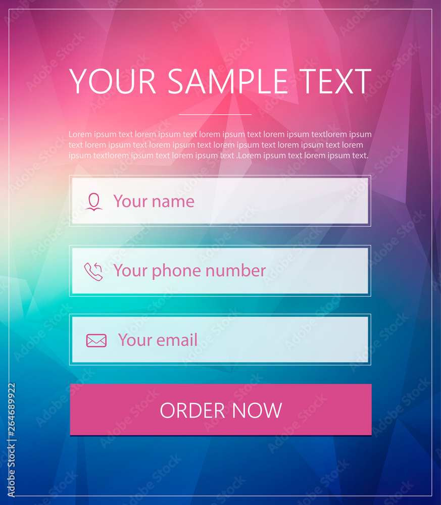 Order form with input fields name, phone, email, creating a soft modern ...