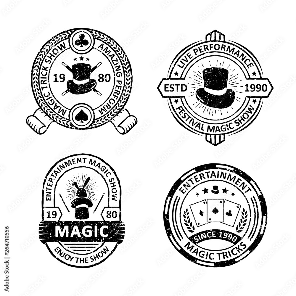 Set of vintage magician badges labels, emblems and logo design Stock ...