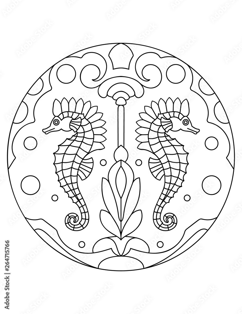 Pattern with seahorse. Illustration of the underwater kingdom. Mandala ...