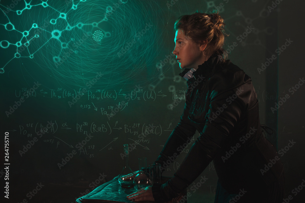 Scientist researcher on abstract background of schemes and formulas ...