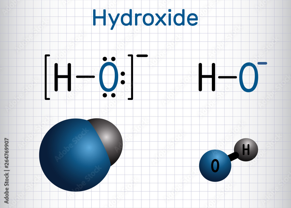 Hydroxide anion. Structural chemical formula and molecule model. Sheet ...