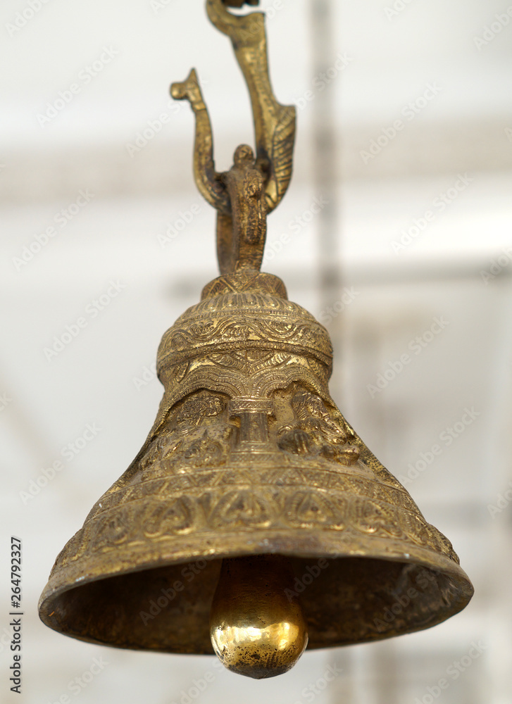 Closeup of Brass bell hung in front of deity in Hindu temple,for ...