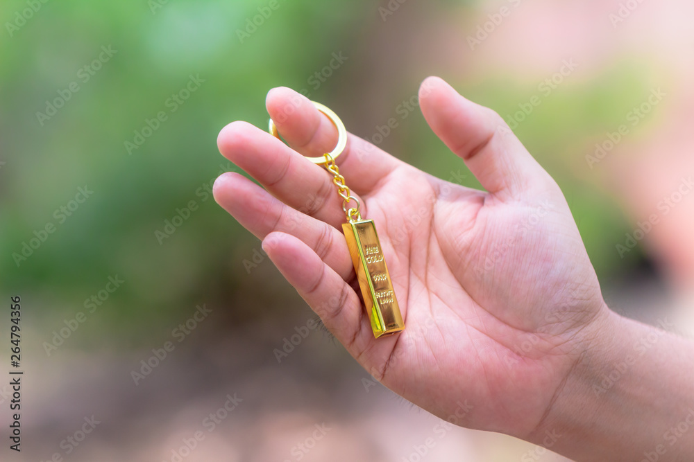 Man hand holding golden key with golden bar with blurred nature ...