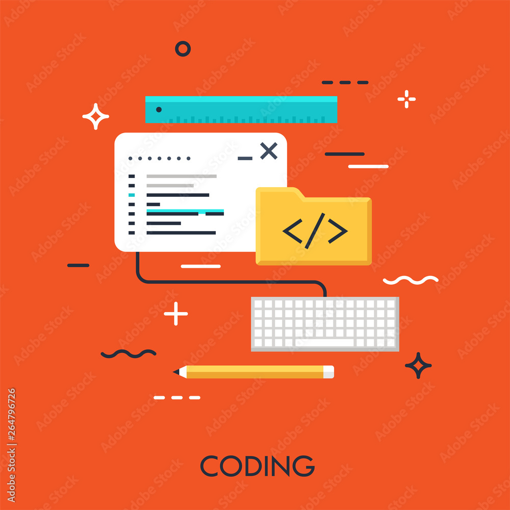 Program code window, keyboard, pencil, ruler and folder. Software, front-end web development and ...